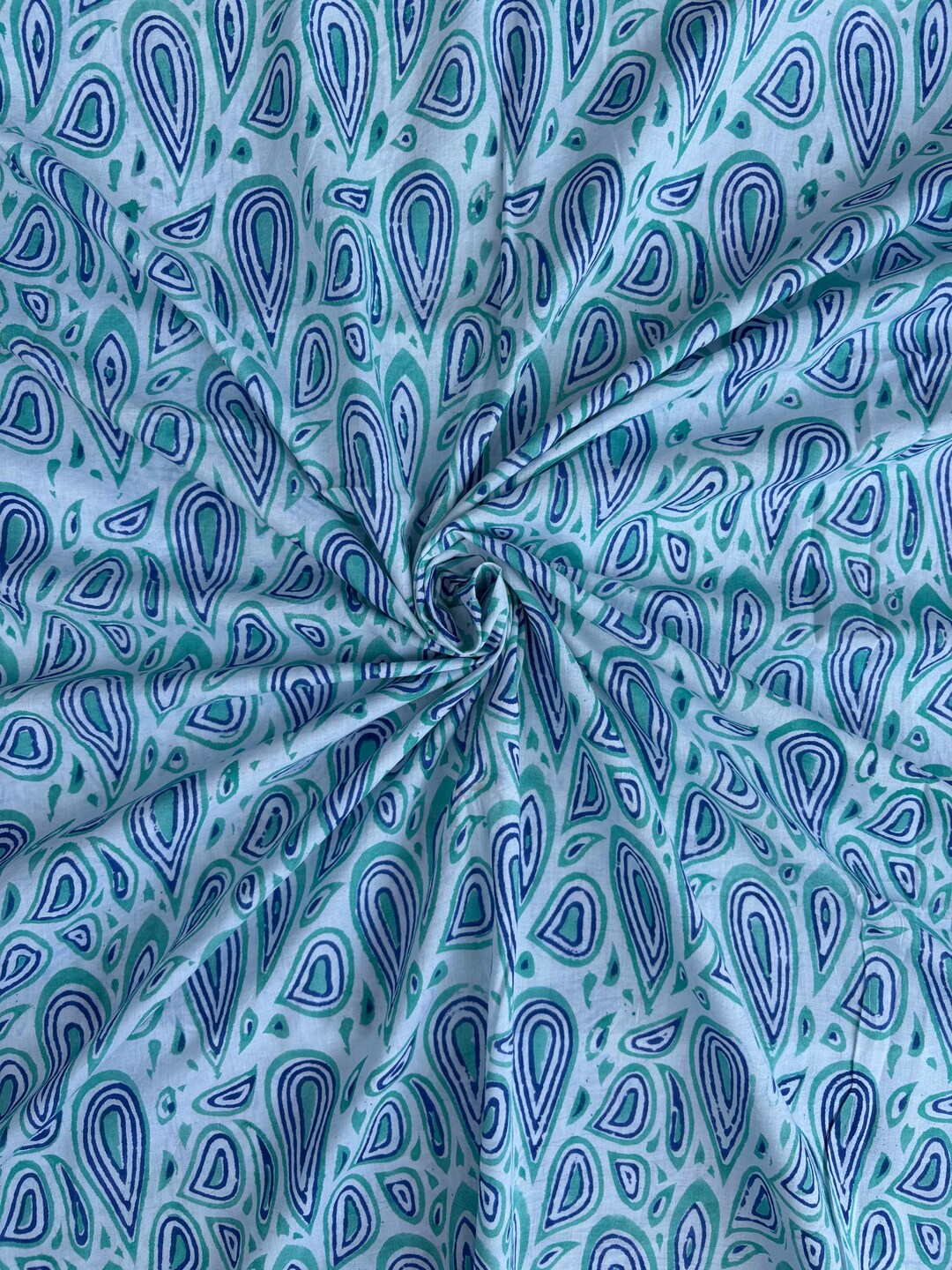 Blue & Green Teardrop Hand Block Print Cotton Fabric: 44" Wide, Soft ...