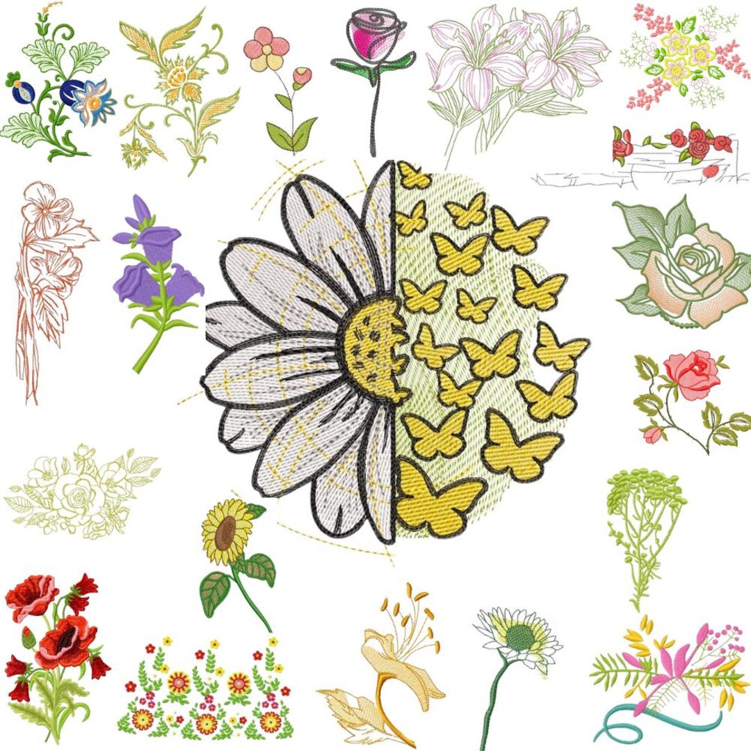 MEGA Bundle - 20 Flowers Design File, Wildflower Embroidery Bundle ...
