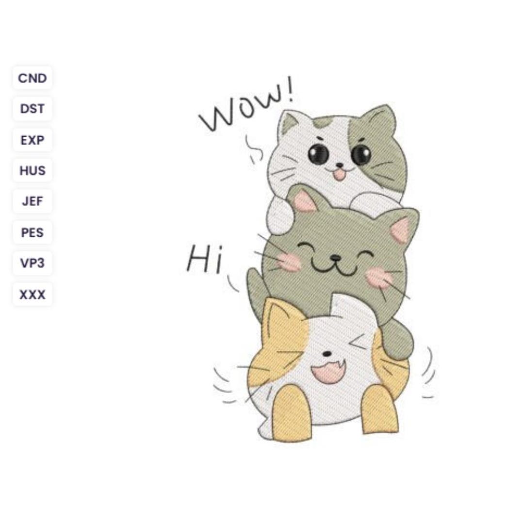 Cat Say Hi Cute Machine Embroidery File, Cute Cats Embroidery Design ...