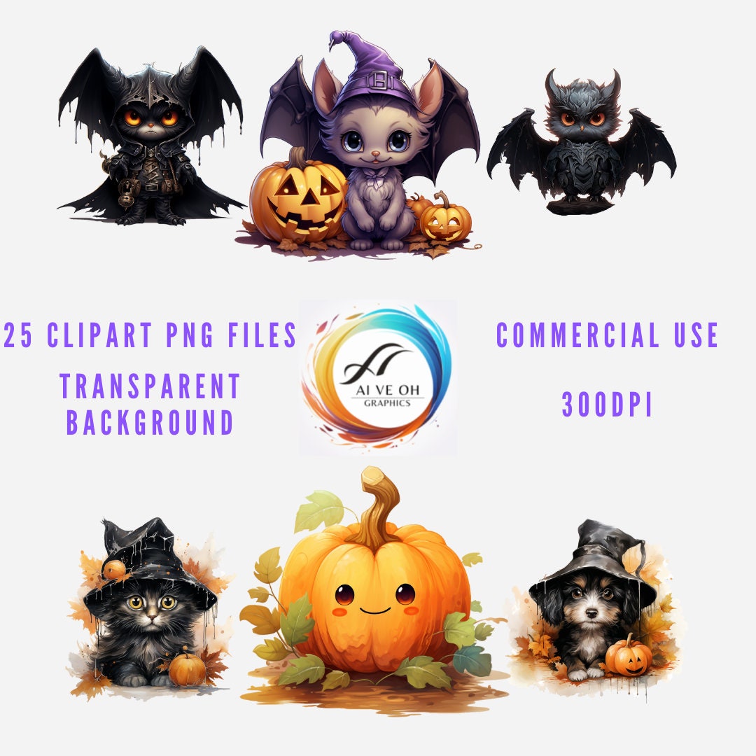 Halloween Watercolor Clipart Animals Witch Pumpkin Ghost Bat - Etsy