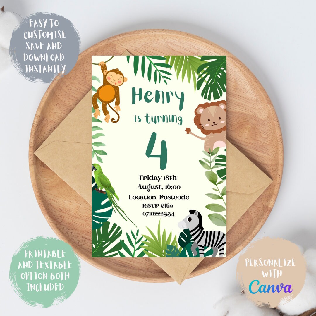 Jungle Theme Birthday Invitation digital Boys Birthday - Etsy