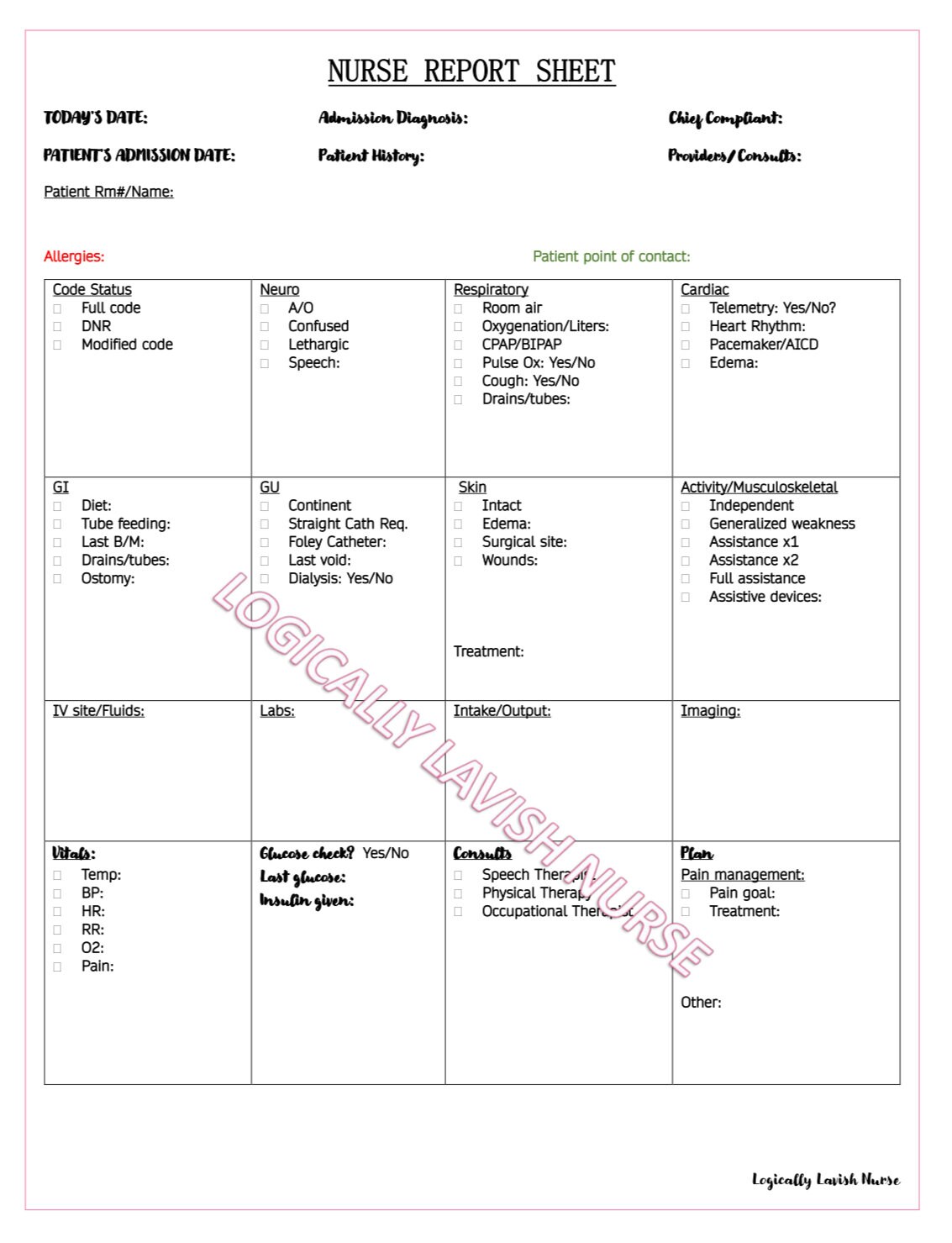 Nursing Templates- Nurse Report Sheet, to Do Lists, and Reflective ...