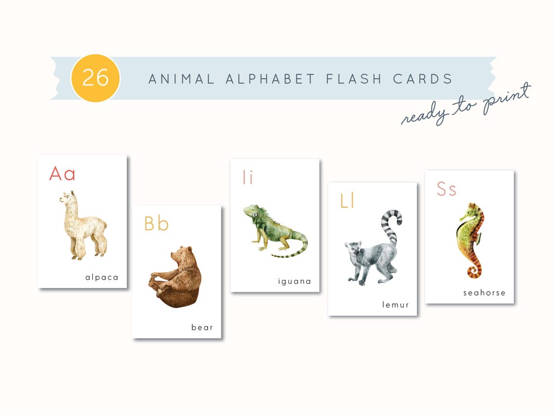 Watercolor Animal Alphabet Flash Cards | Early Learning (digital ...