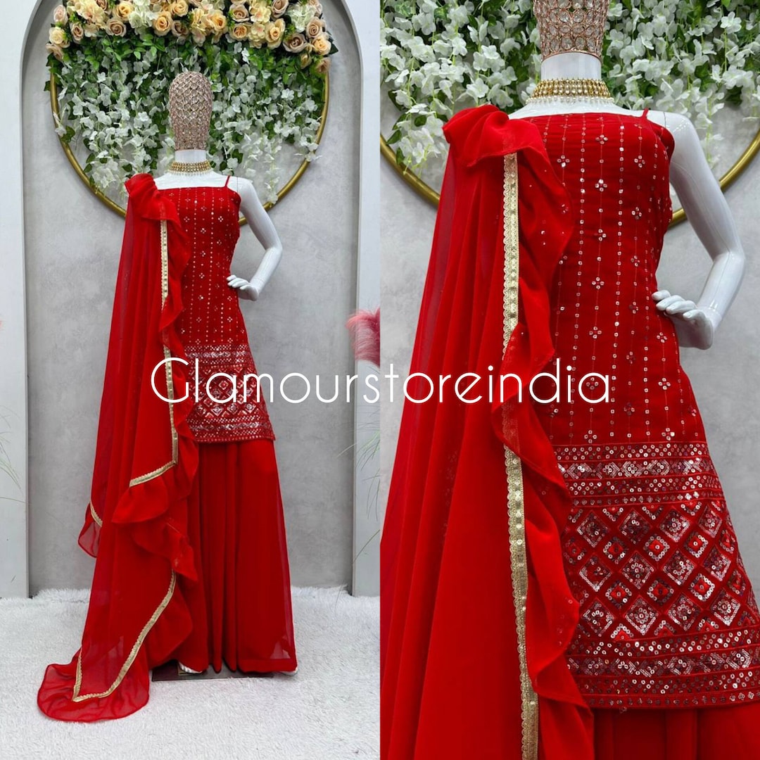 Designer Red Sharara Kurti Set With Dupatta for Womens, Ready to Wear ...