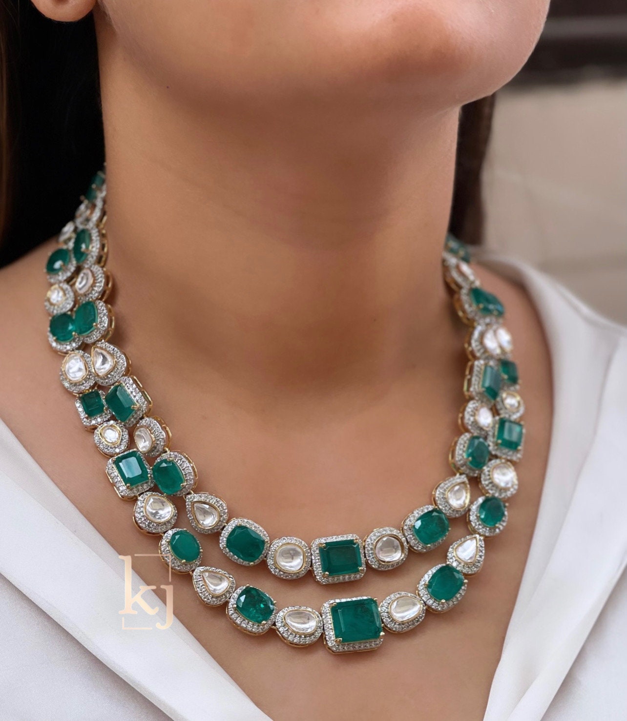 Double Layer Green Stone Classy Necklace Set Polki Kundan Necklace ...