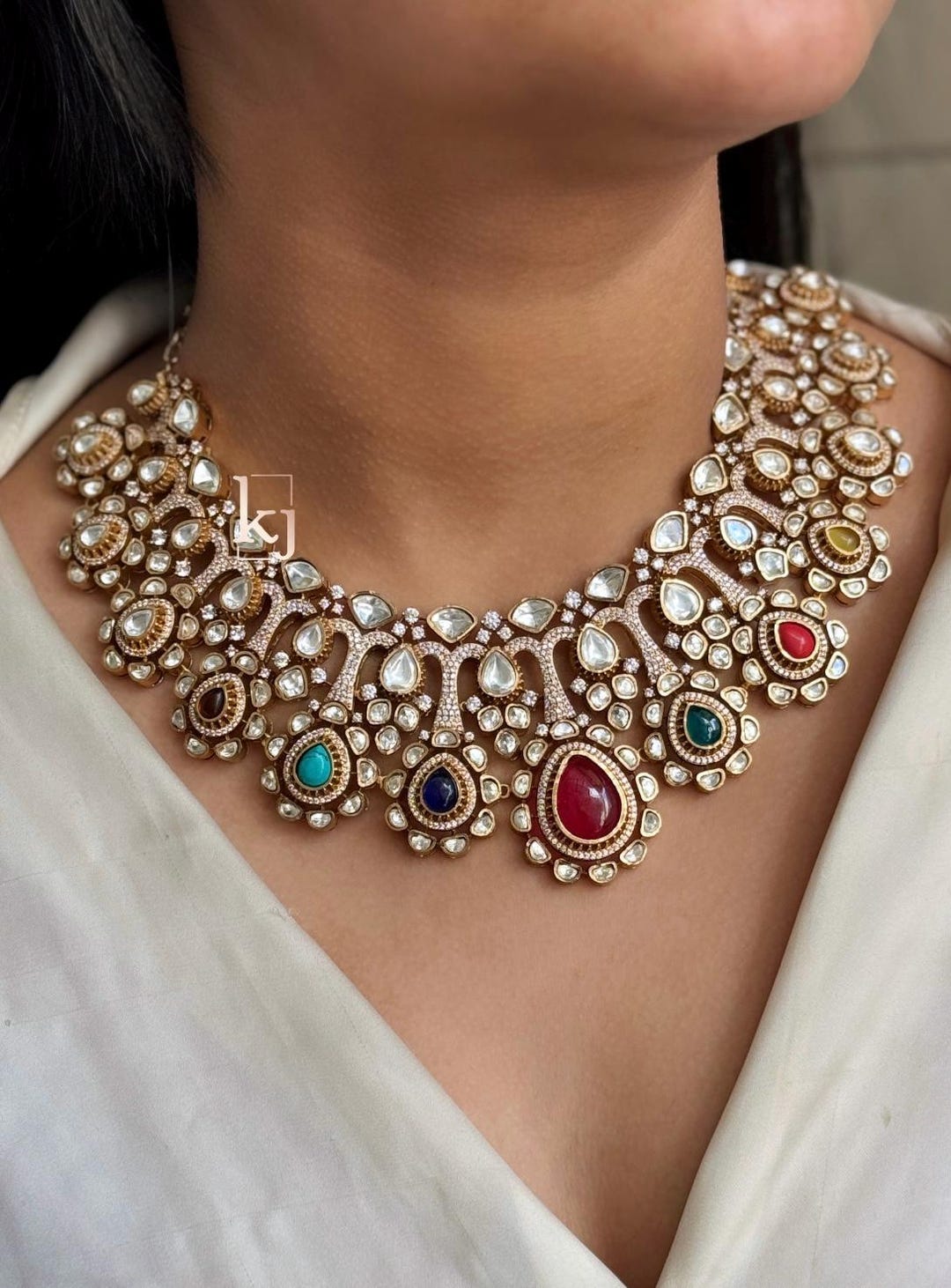 Sabyasachi Inspired Kundan Navratan Necklace Set, Indian Jewelry, Polki ...