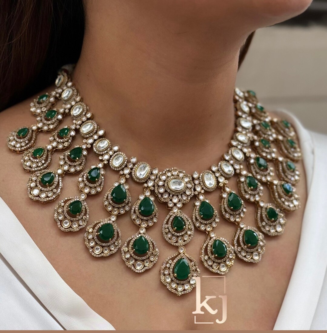 Bridal Designer Kundan Set, Green Kundan Necklace Set Wedding Jewelry ...
