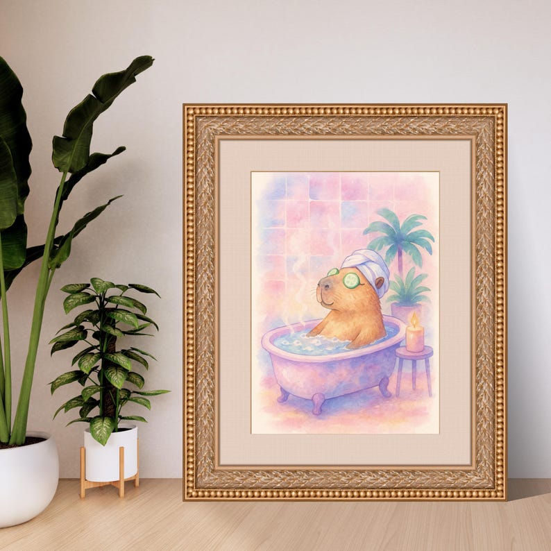 Capybara Bath Time – Cute Watercolor Digital Art Print | Relaxing ...