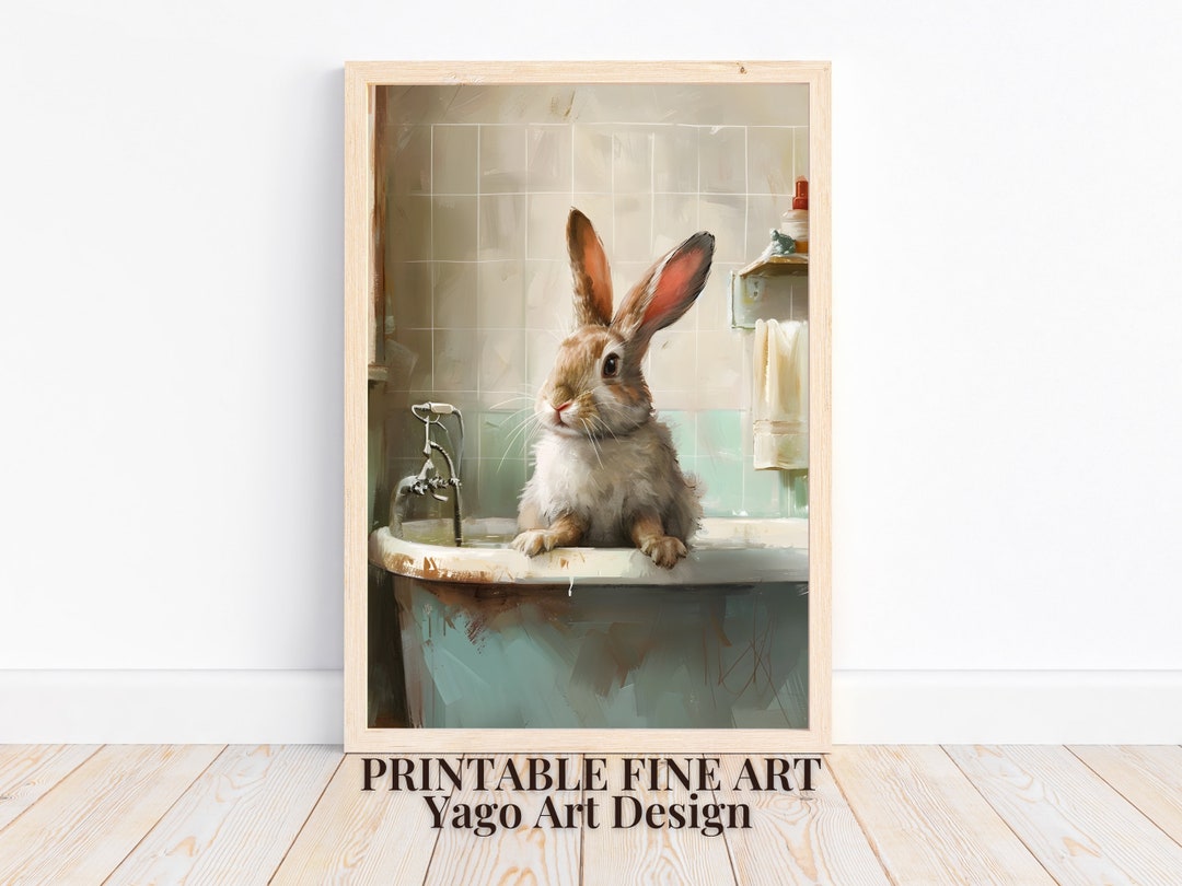 Easter Bunny in Bathtub Wall Art Print | Rabbit in Bathroom Printable ...