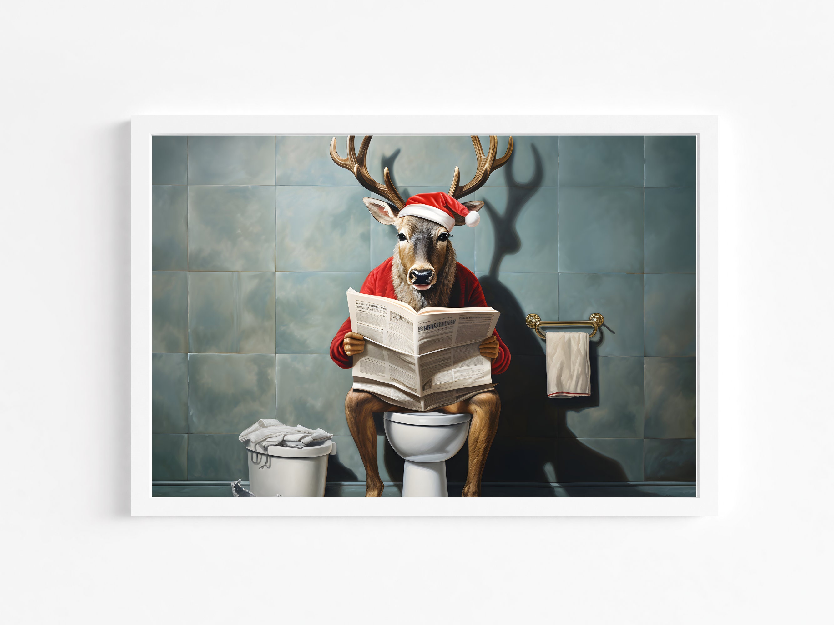 Reindeer on Toilet Print Reindeer in Bathroom Printable Wall Decor ...