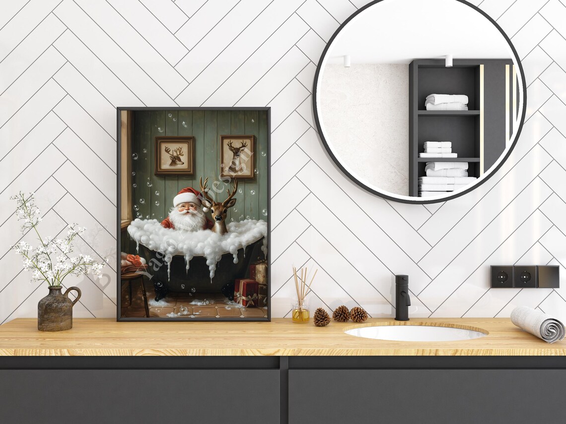 Santa and Reindeer Bathtub Christmas Art Print (digital Download) - Etsy