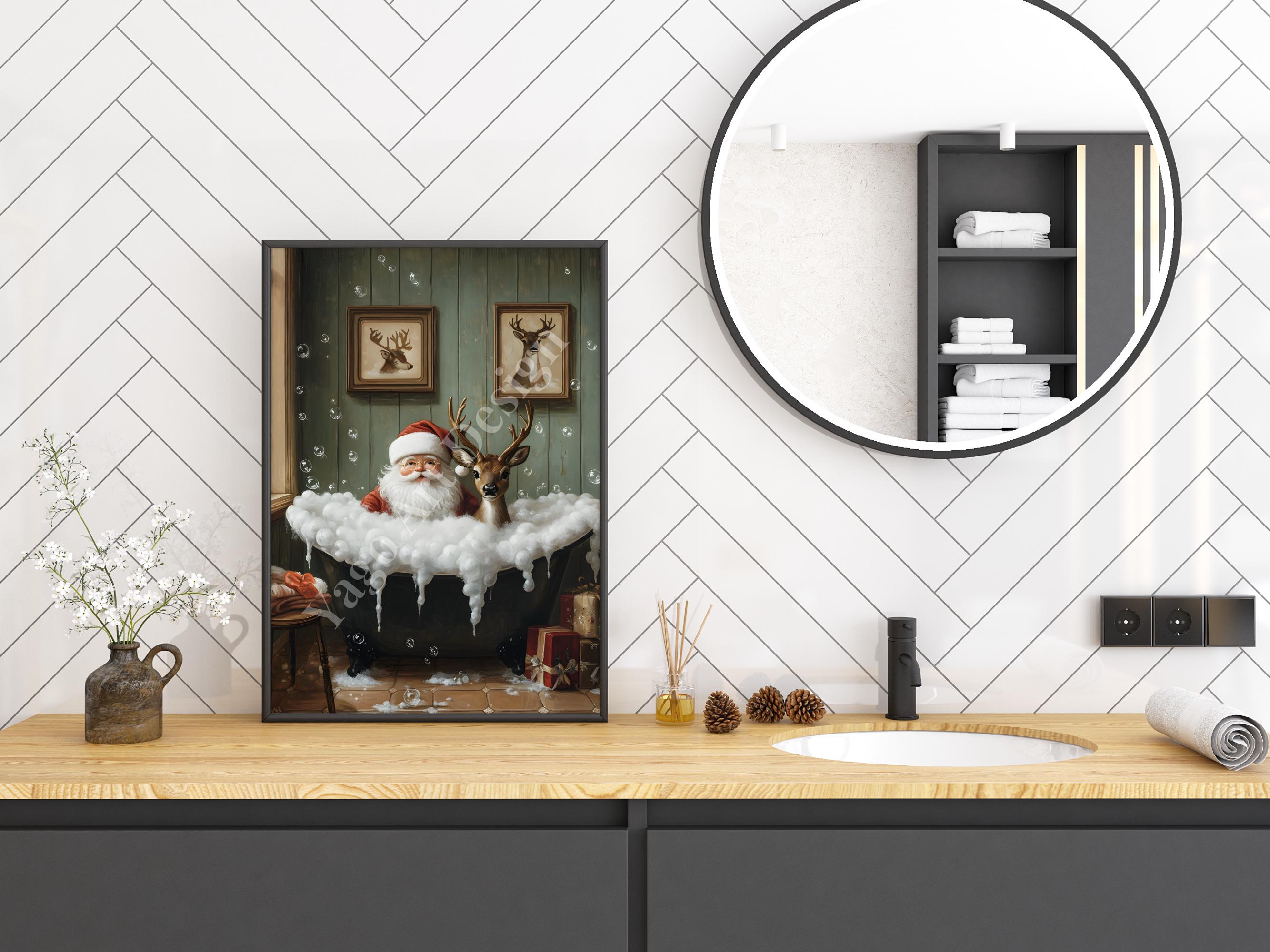 Santa and Reindeer Bathtub Christmas Art Print (digital Download) - Etsy