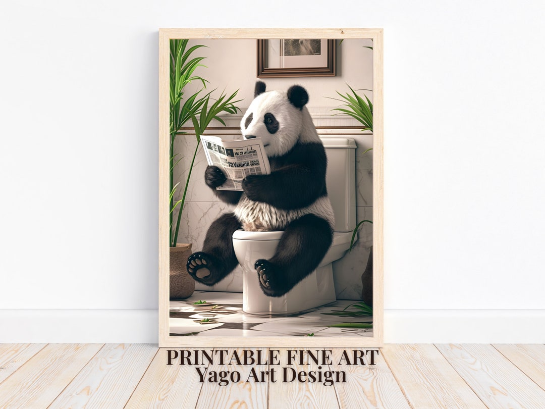 Panda Sitting on Toilet Reading a Newspaper | Bathroom Humor | Funny ...