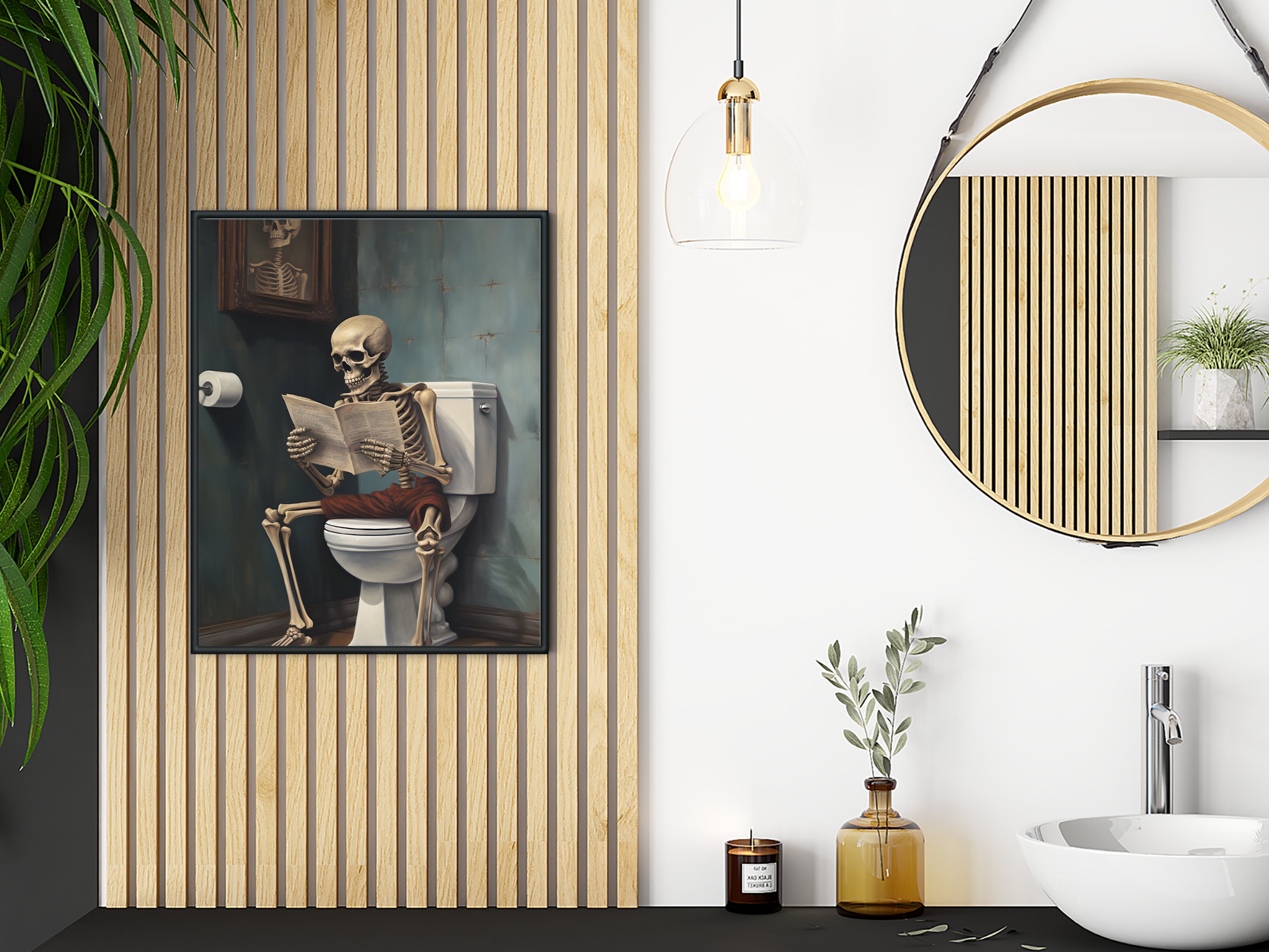 Skeleton on Toilet Reading a Newspaper Skeleton in Bathroom Halloween ...