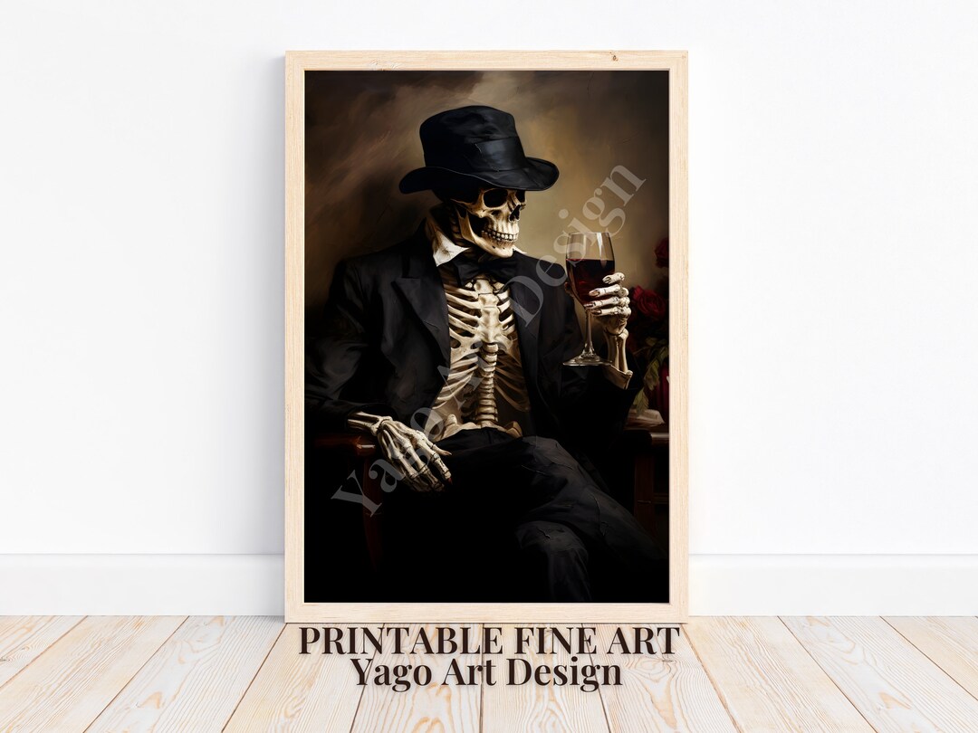 Skeleton Drinking Wine Poster | Vintage Skeleton Print | Halloween Wall ...