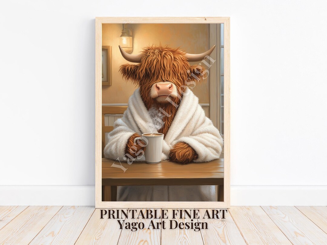 Highland Cow Drinking Coffee Art Print, Morning Coffee Poster, Cow in ...
