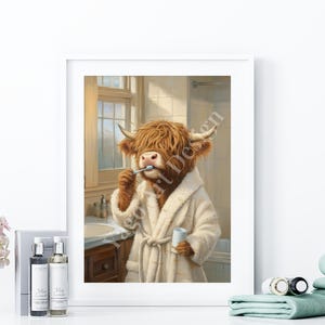 Highland Cow Brushing Teeth Art Print: Bathroom Decor (digital Download ...