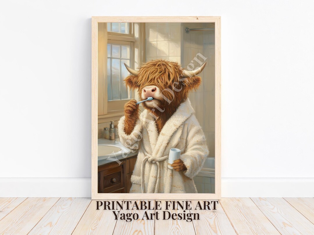 Highland Cow Brushing Teeth Art Print: Bathroom Decor (digital Download ...