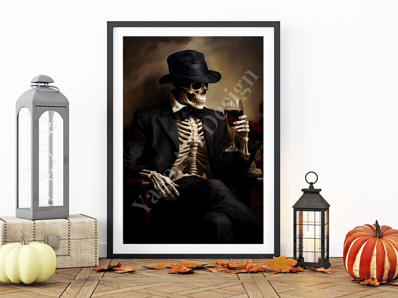 Skeleton Drinking Wine Poster Vintage Skeleton Print Halloween Wall ...