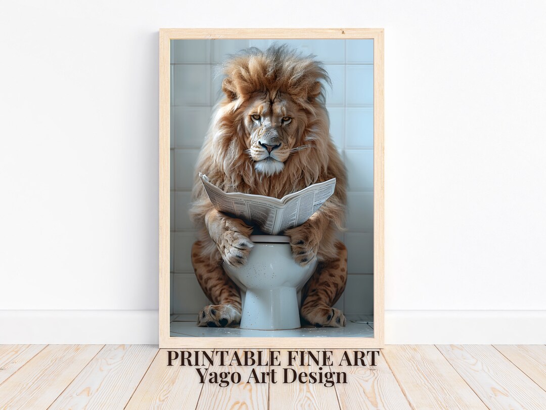 Lion on Toilet Lion Wall Art Print Bathroom Animal Art Safari Animal ...