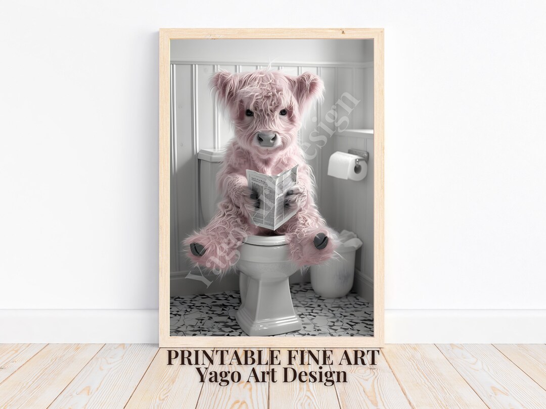 Highland Cow Sitting on Toilet | Pink Highland Calf Bathroom Decor ...