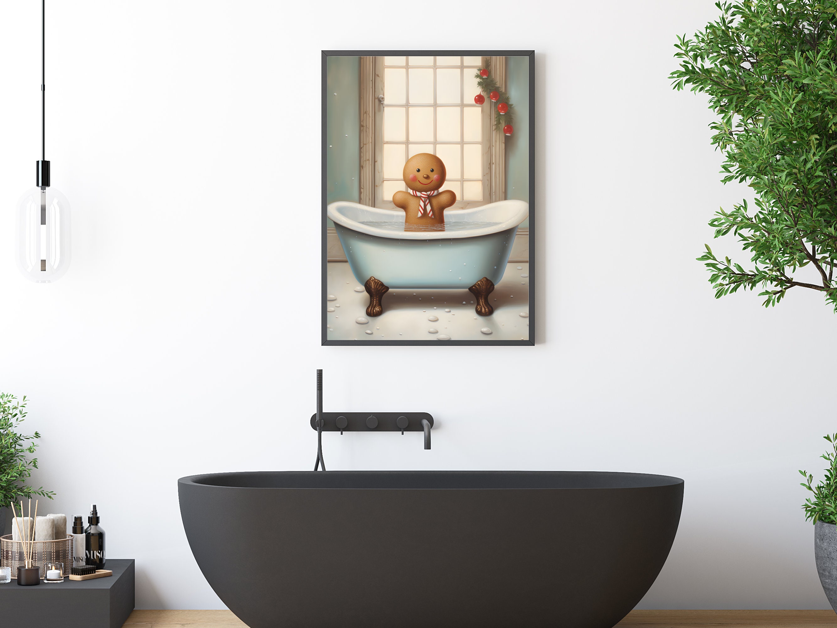 Gingerbread Man in Bathtub Print Gingerbread in Bathroom Christmas Wall ...