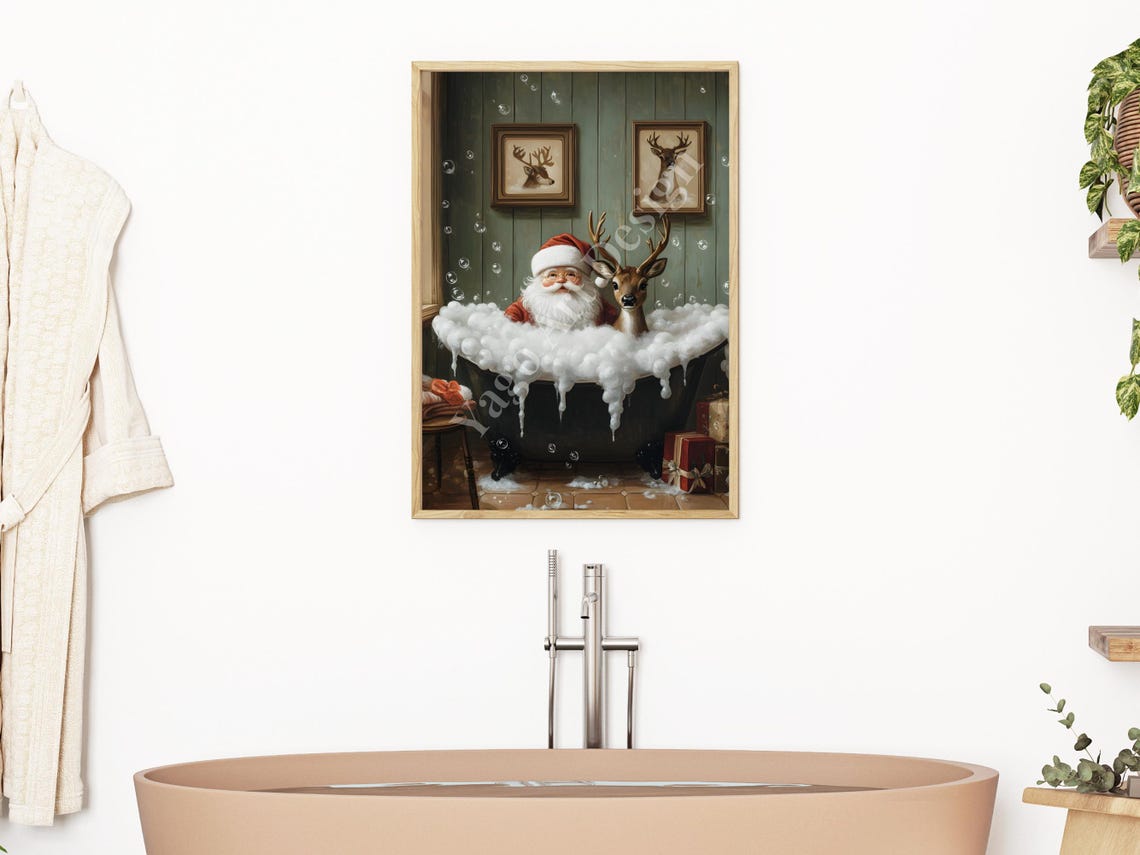 Santa and Reindeer Bathtub Christmas Art Print (digital Download) - Etsy