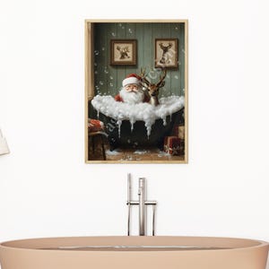 Santa and Reindeer Bathtub Christmas Art Print (digital Download) - Etsy