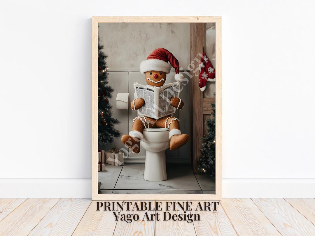 Gingerbread Man on Toilet Art Print | Printable Christmas Bathroom Art ...