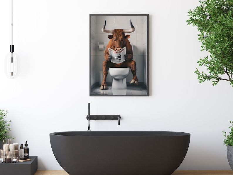 Bull Sitting on Toilet Reading Newspaper Bathroom Humor Funny Bathroom ...