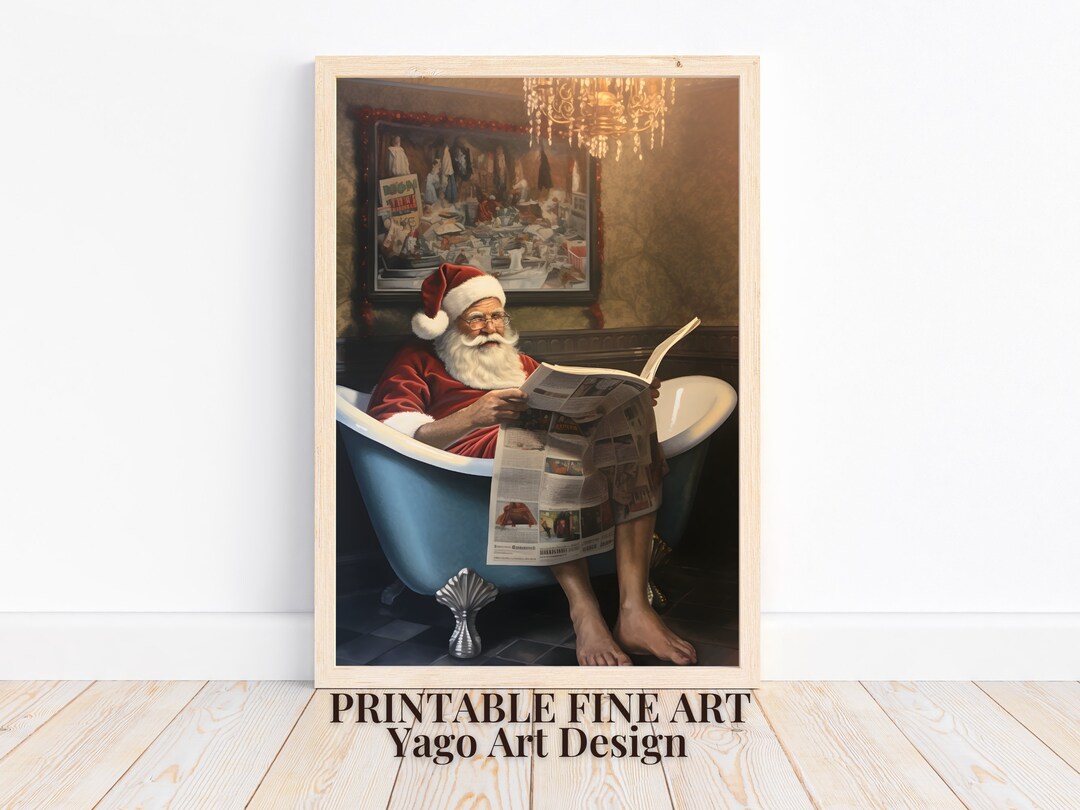 Santa in Bathtub Reading Newspaper Wall Print Funny Bathroom Wall Decor ...