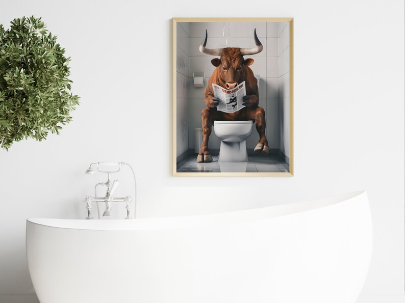 Bull Sitting on Toilet Reading Newspaper Bathroom Humor Funny Bathroom ...