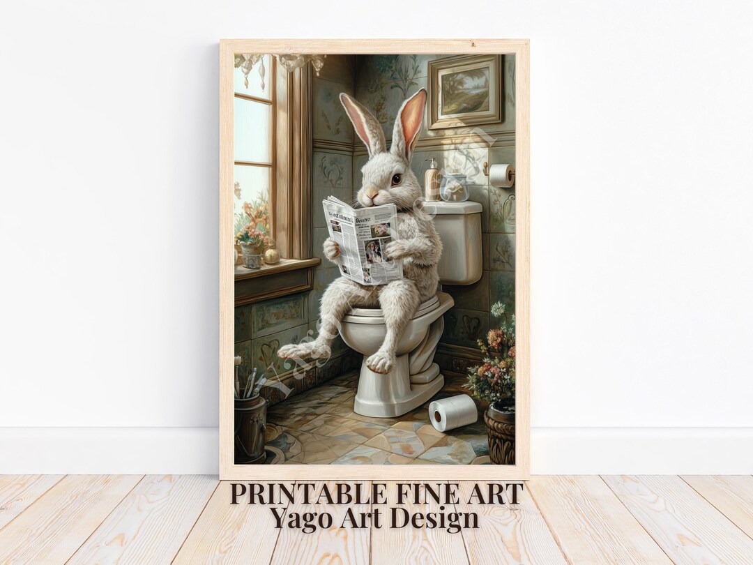 Easter Bunny on Toilet Wall Art Print | Rabbit in Bathroom Printable ...