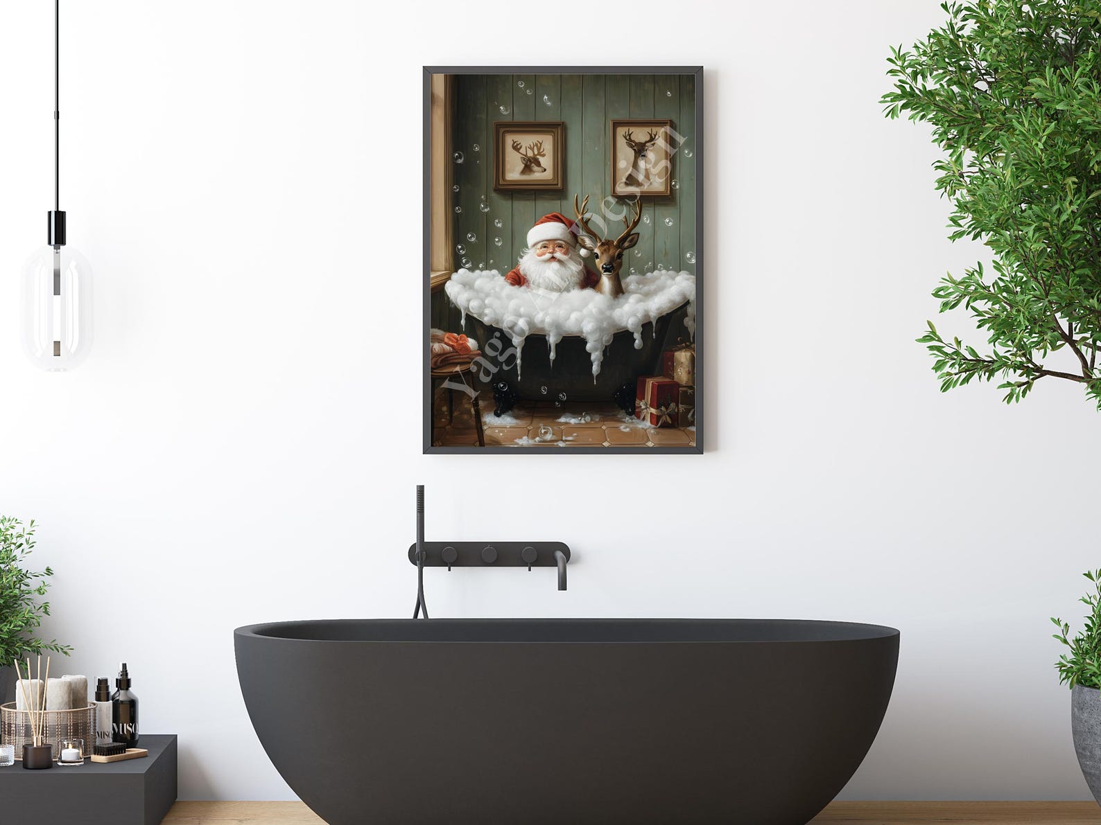 Santa and Reindeer Bathtub Christmas Art Print (digital Download) - Etsy