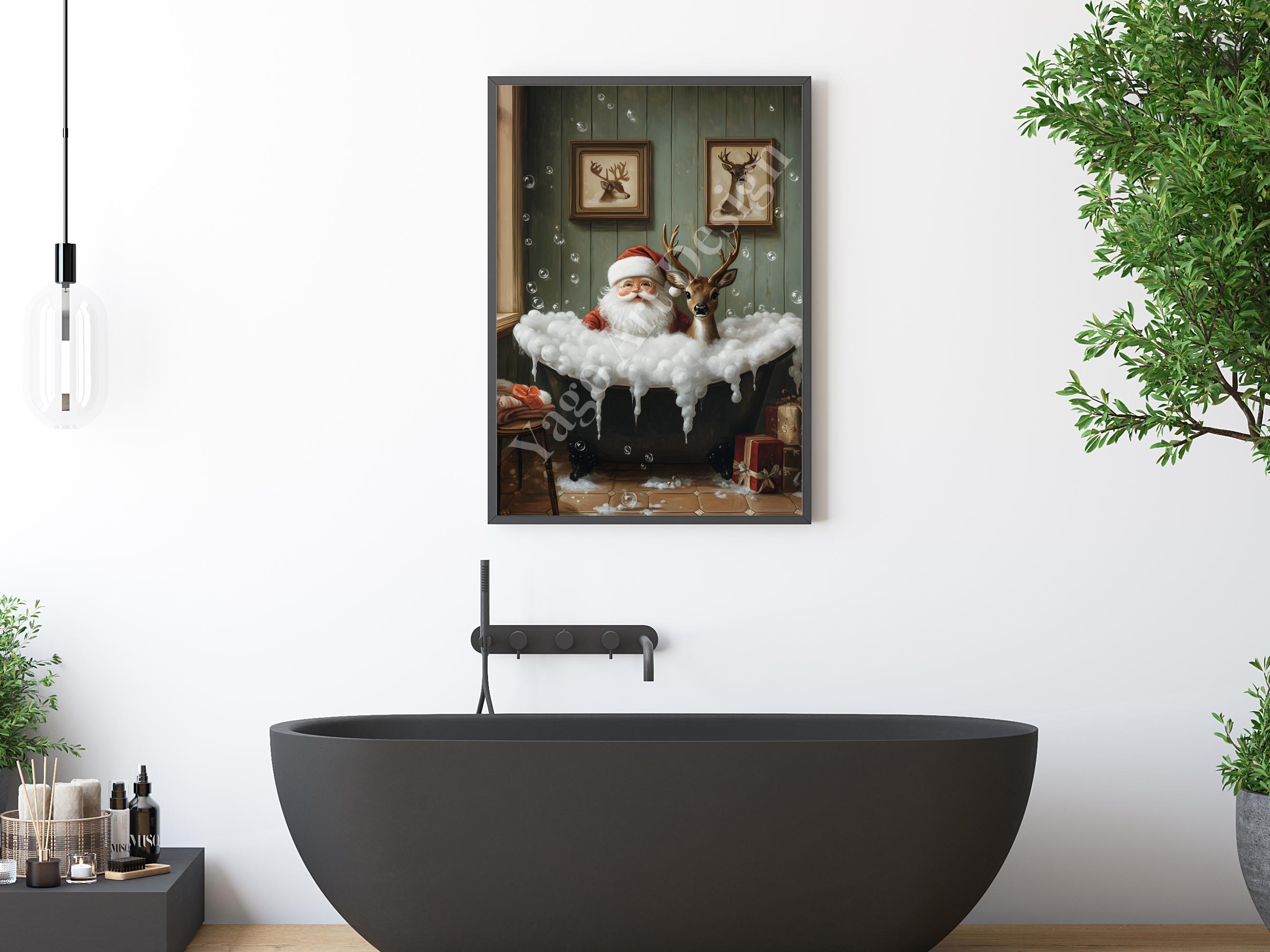 Santa and Reindeer Bathtub Christmas Art Print (digital Download) - Etsy