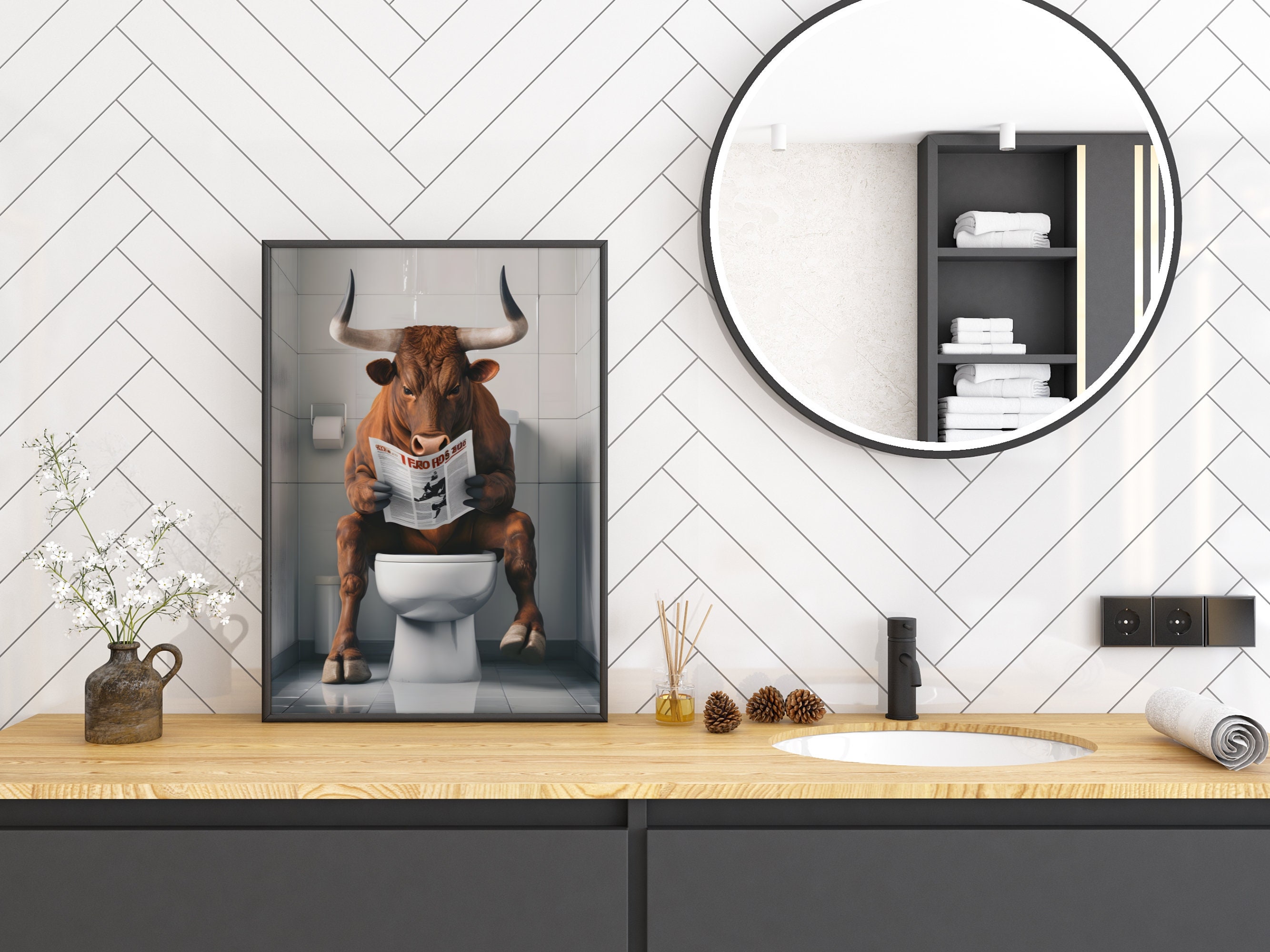 Bull Sitting on Toilet Reading Newspaper Bathroom Humor Funny Bathroom ...