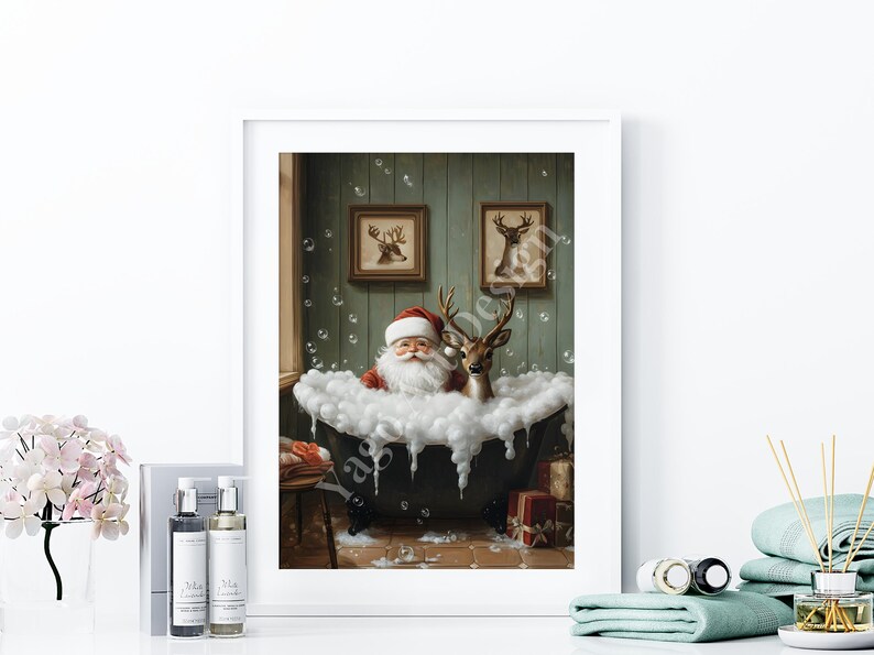 Santa and Reindeer Bathtub Christmas Art Print (digital Download) - Etsy