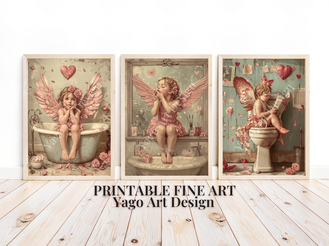 Valentine Cupid Wall Art Bundle of 3 Art Prints, Cute Bathroom Decor ...