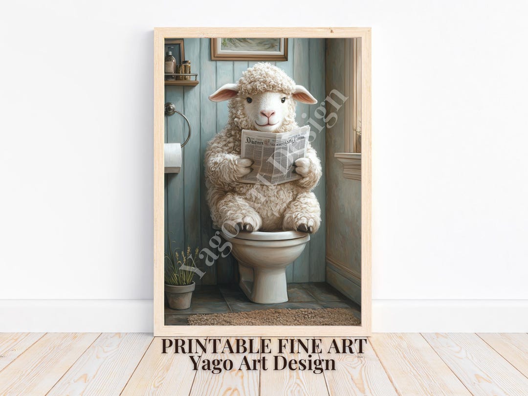 Lamb Sitting on Toilet Art Print, Funny Bathroom Print, Animal on ...