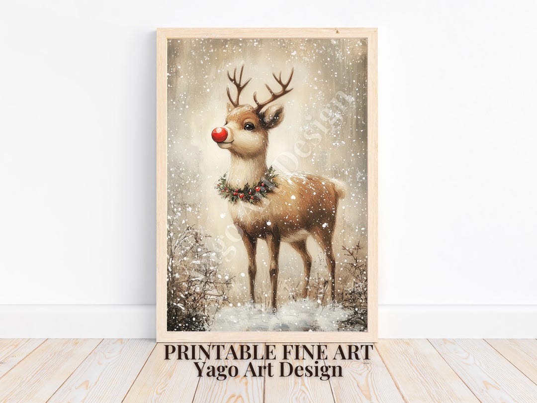 Portrait of Rudolph Art Print, Christmas Decor Oil Painting, Rustic ...