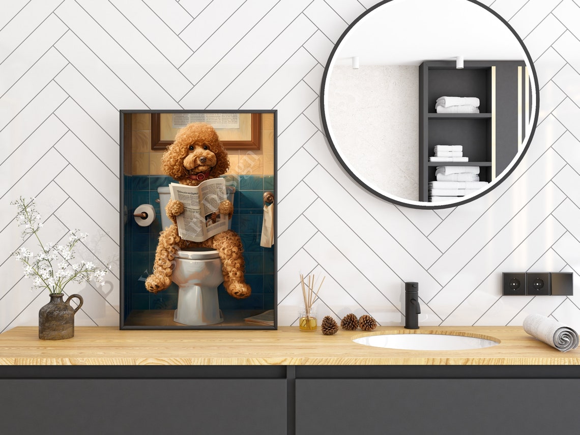 Apricot Poodle on Toilet Art Print, Funny Bathroom Decor, Cute Dog Wall ...