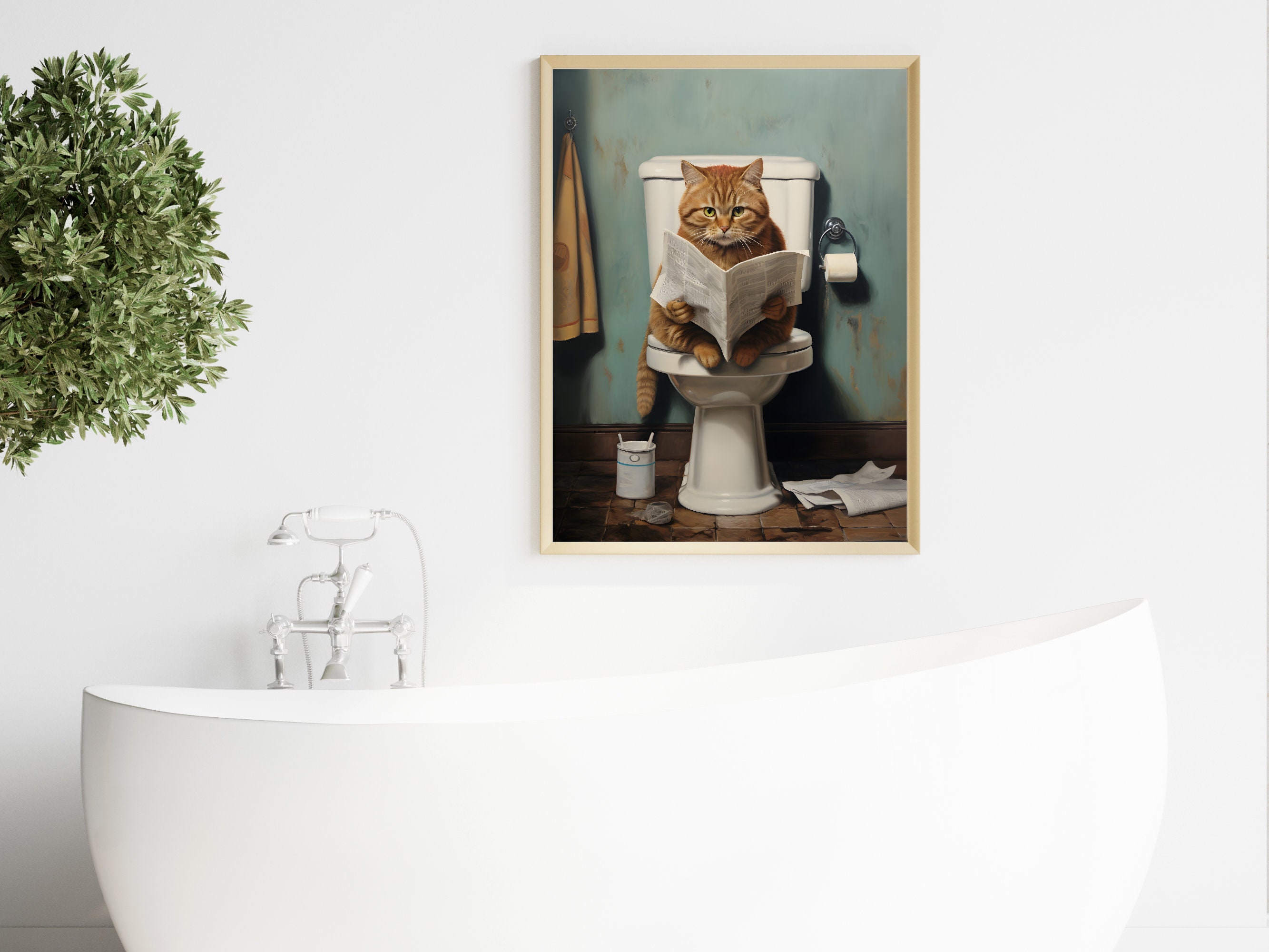 Cat on Toilet Wall Art Print Cat in Bathroom Printable Wall Decor ...