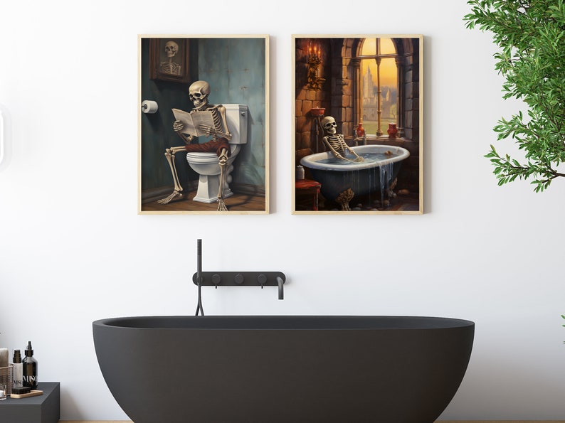 Skeleton on Toilet Reading a Newspaper Skeleton in Bathroom Halloween ...