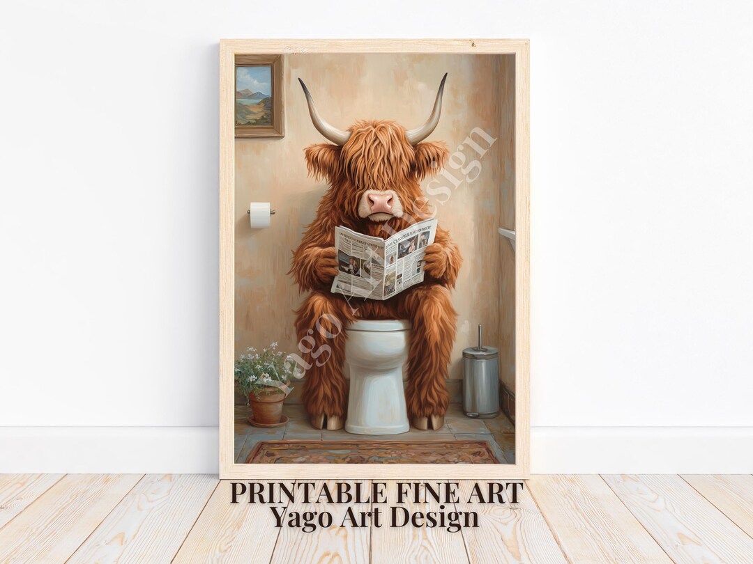 Highland Cow Sitting on Toilet Art Print Cute Bathroom Decor Funny ...