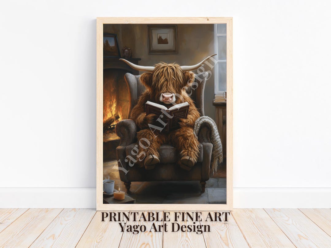 Highland Cow Reading Book Art Print, Farmhouse Wall Art Decor, Cute Cow ...
