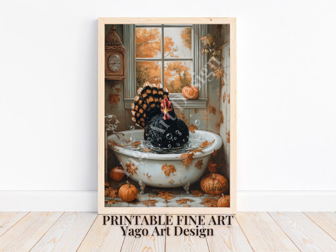 Thanksgiving Turkey in Bathtub Art Print | Rustic Autumn Bathroom Decor ...