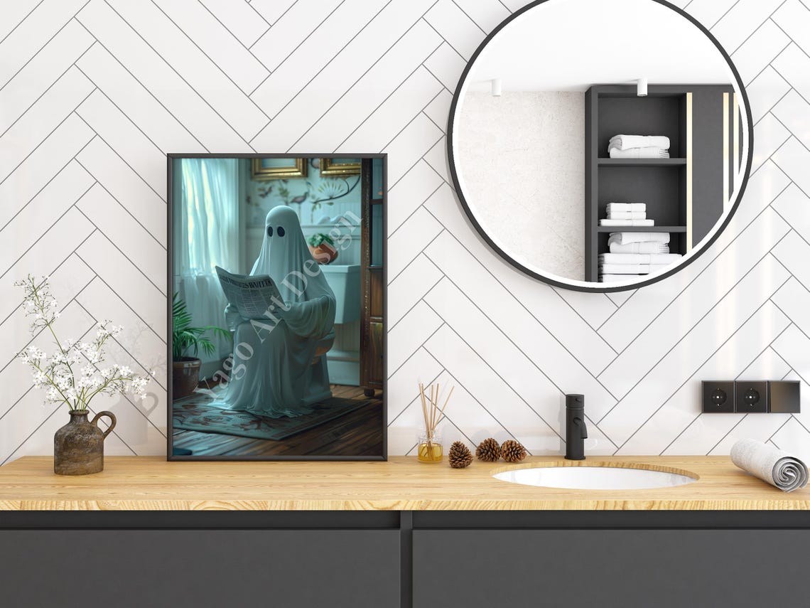 Ghost on Toilet Wall Art Print Halloween Ghost in Bathroom Dark ...