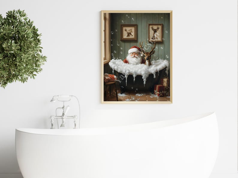 Santa and Reindeer Bathtub Christmas Art Print (digital Download) - Etsy