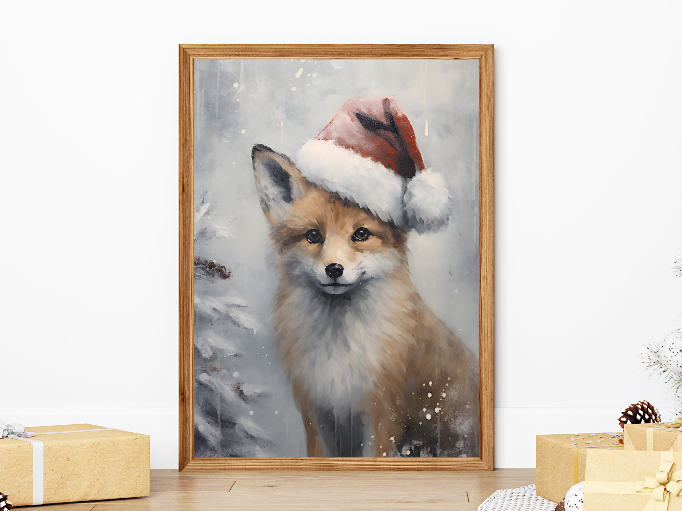 Christmas Cute Fox Digital Art Christmas Wall Art Cute Fox With Santa ...