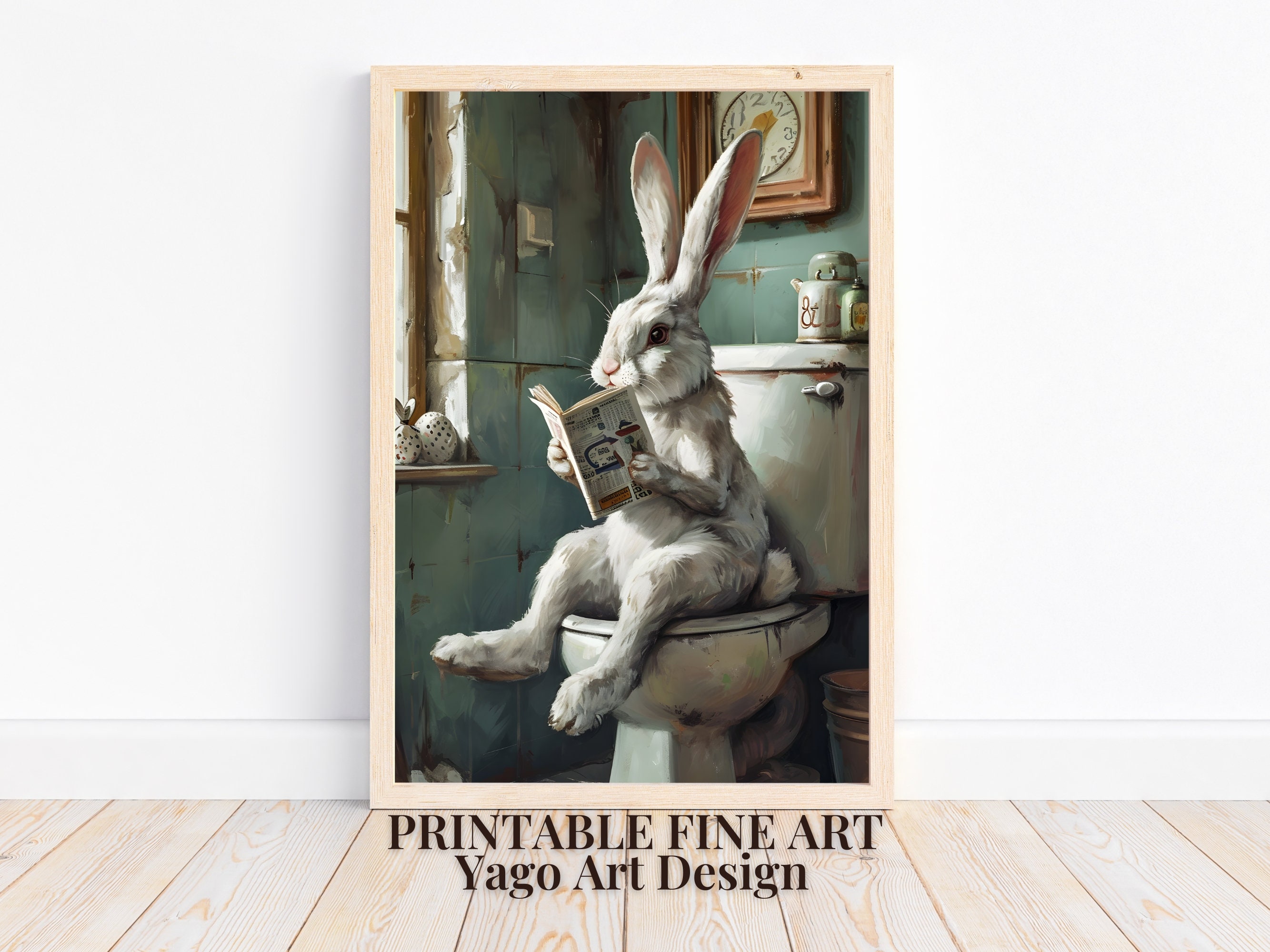 Easter Bunny on Toilet Wall Art Print Rabbit in Bathroom Printable Wall ...